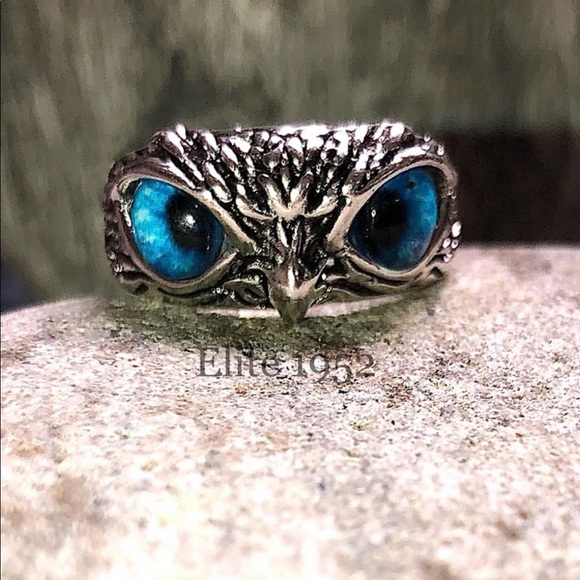 SilverWorxs | Jewelry | Antique Silver Aqua Blue Eye Owl Ring ...